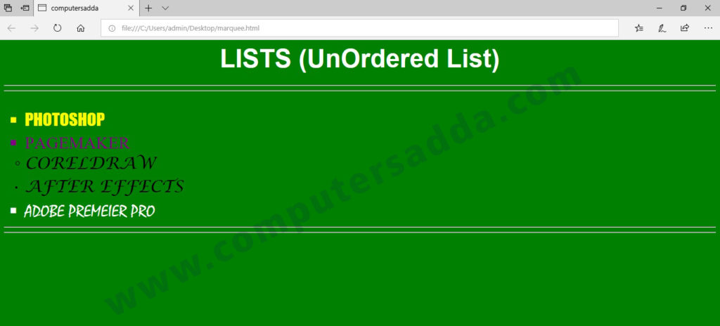 Html Telugu Tutorials Part 9 Lists Tag With Attributes Un Ordered List Computers Adda